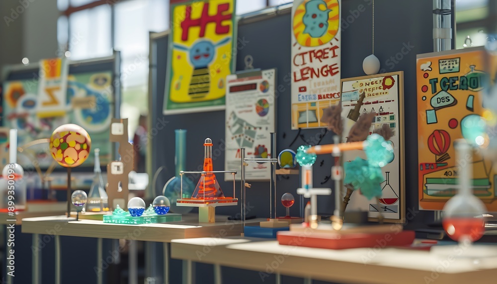 A school science fair setup with project displays, posters, and models ...