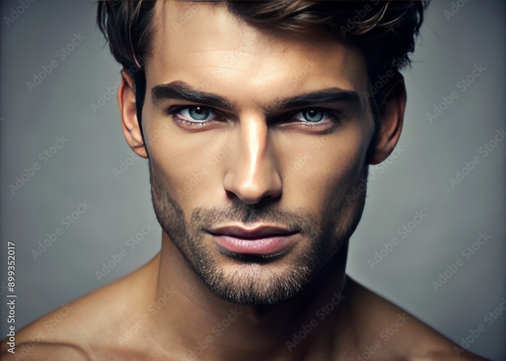 Strong jawline and piercing eyes of a handsome male model captured in ...