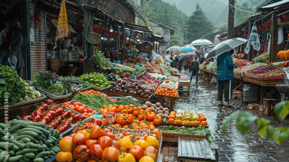 Rural Charm: Bustling Village Market with Colorful Stalls and Lively ...