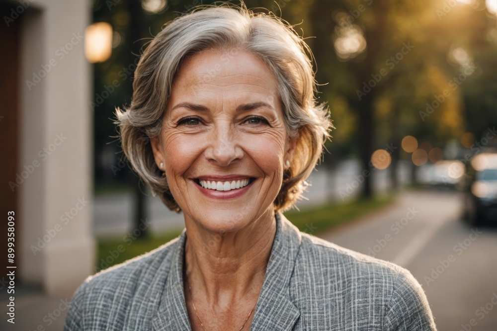 Happy sophisticated classy mid age older gray-haired lady with white ...