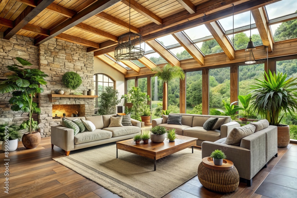 Eco-friendly living room design, large biophilic elements, natural ...