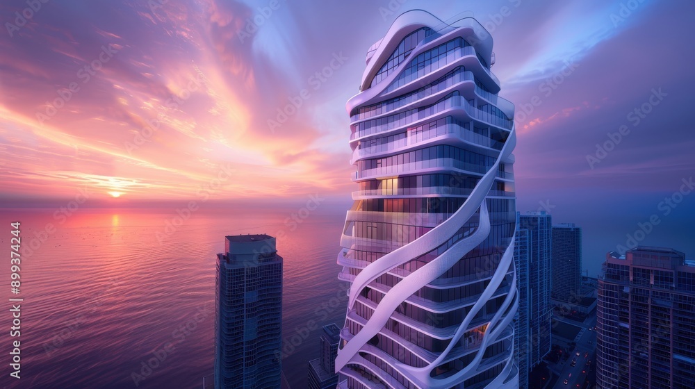 A stunning architectural photograph of a modern skyscraper, captured at ...