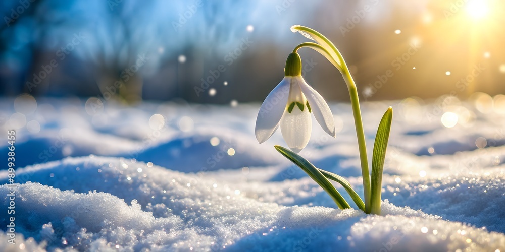 snow covered garden with a snowdrop breaks out of the snow and the sun ...
