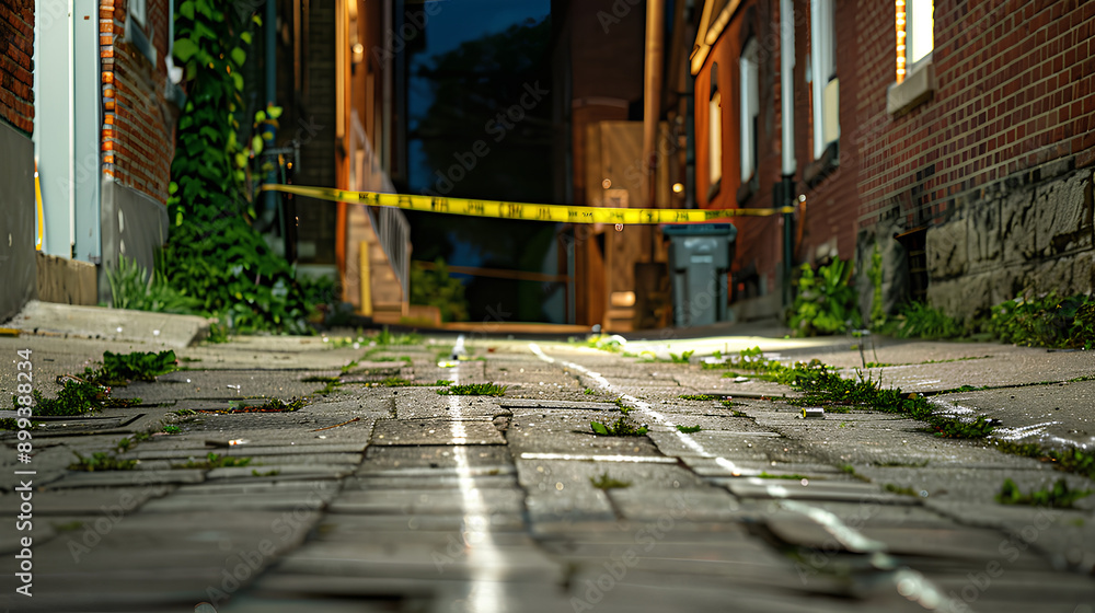 Crime scene at night with flashing police lights and a reflective wet ...