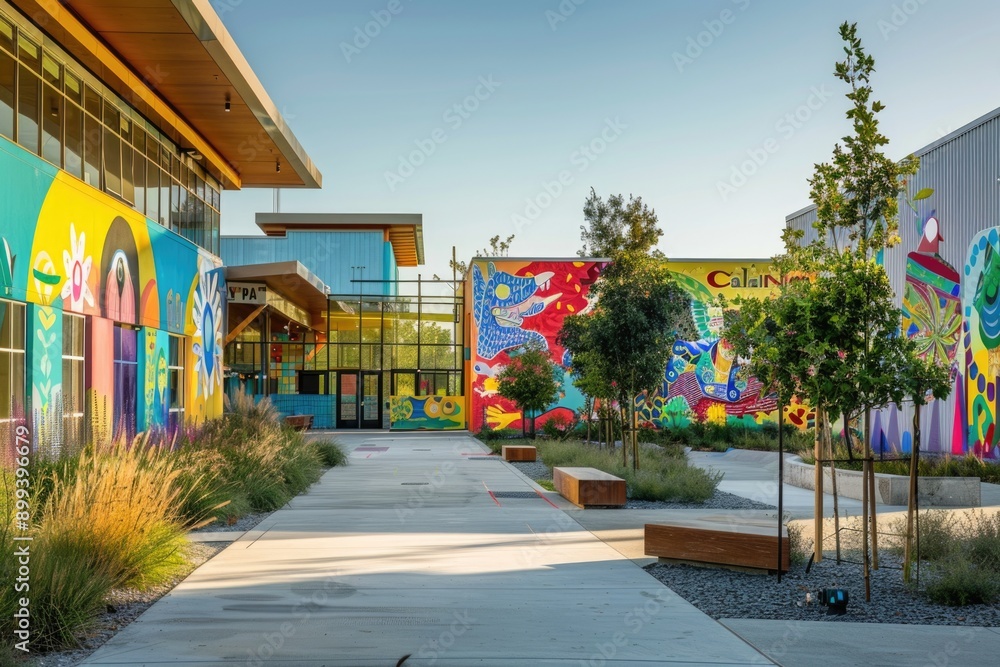 Vibrant Community Center Exterior with Colorful Murals and Modern ...