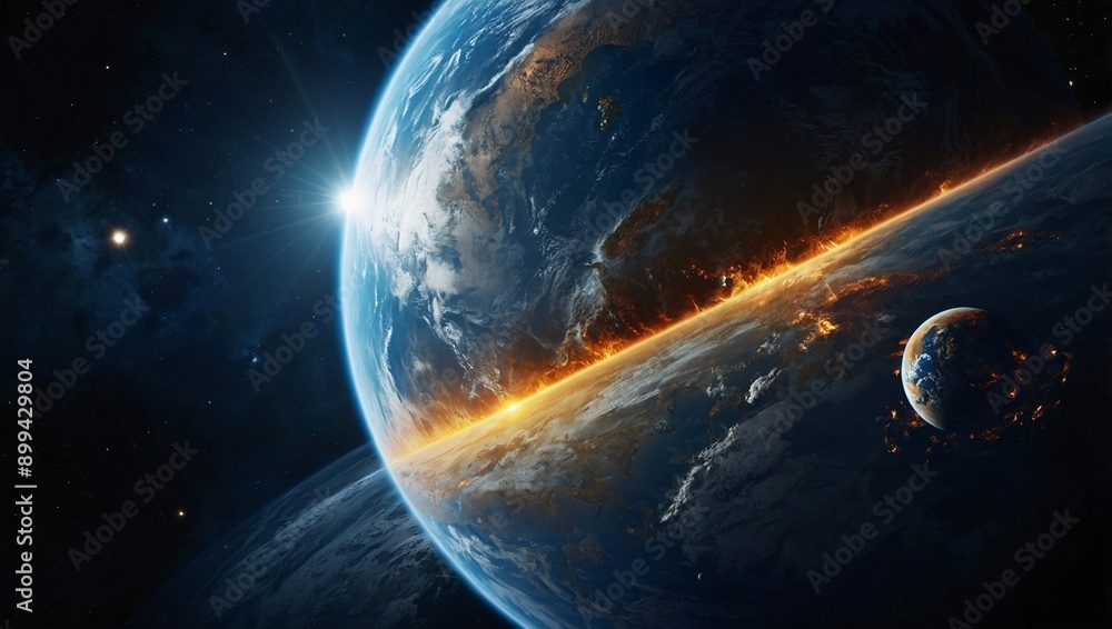 Planet Earth in space, glowing sun, blue nebula, dark outer space ...