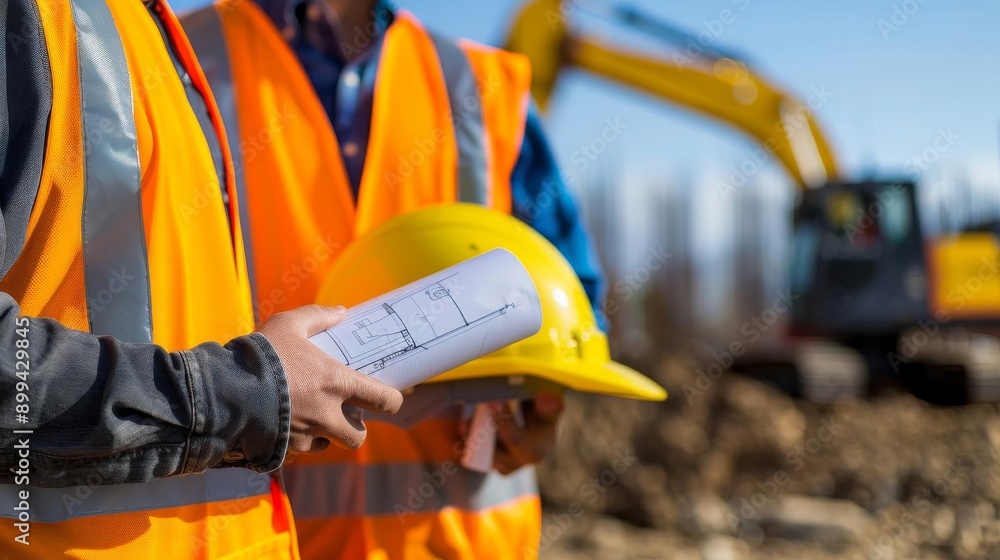 Construction workers examine blueprints with excavator in background ...