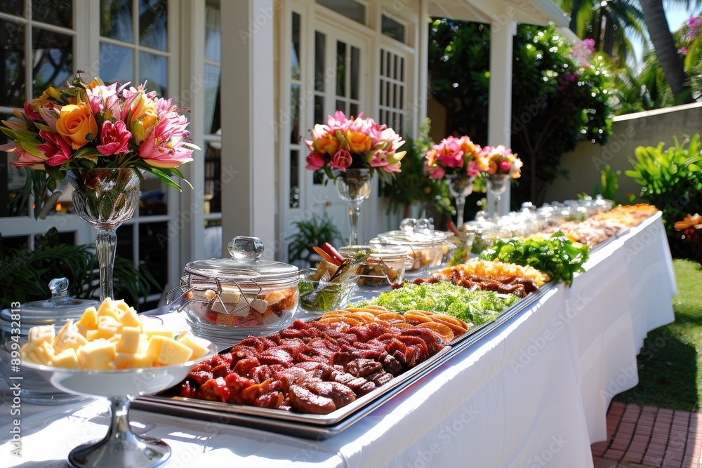 An elegant outdoor buffet setup with an array of dishes, floral ...