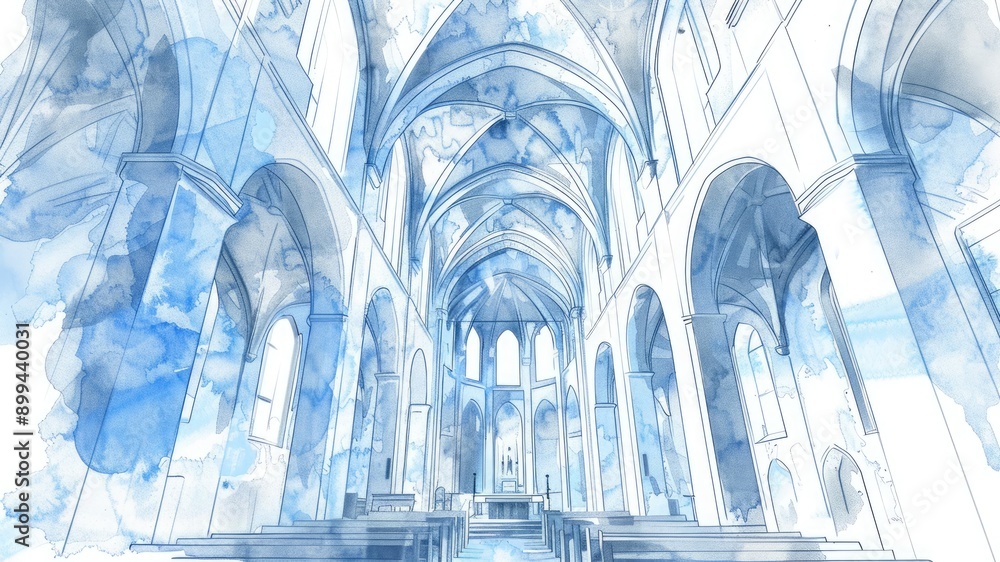 ภาพประกอบสต็อก Old Christian church interior blueprint on white ...