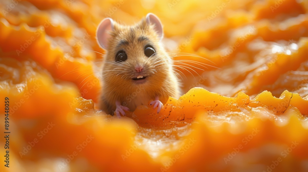A 3D cartoon character of a peach fuzz-colored mouse exploring a giant ...