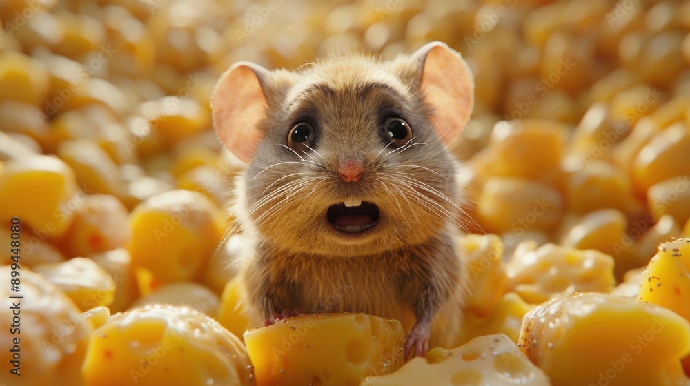 A 3D cartoon character of a peach fuzz-colored mouse exploring a giant ...