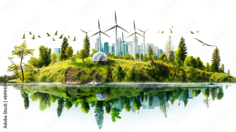 Eco-friendly cityscape blending wind turbines and greenery, harmonizing ...