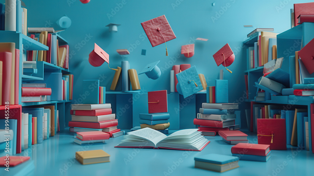 Surreal Library with Flying Books and Floating Shelves in a Vibrant ...