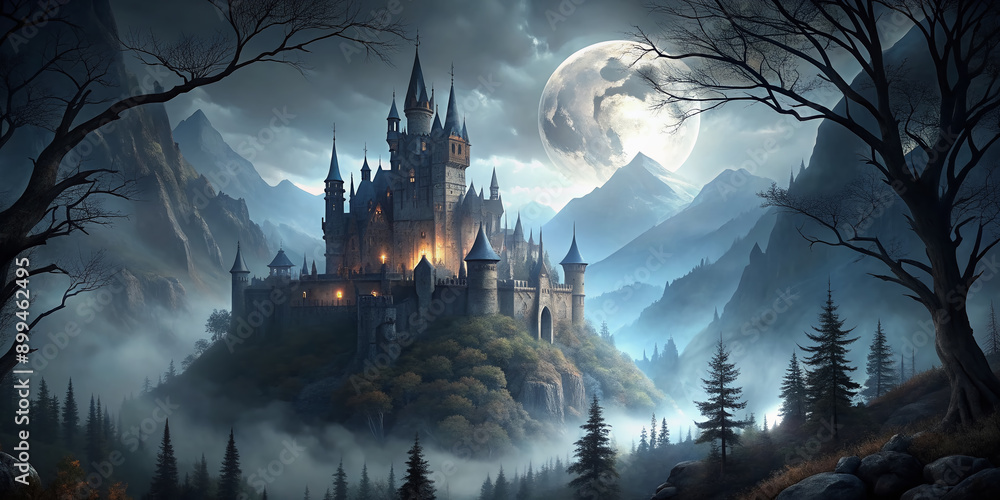 Ominous dark gothic castle looms in a desolate gray valley, surrounded ...