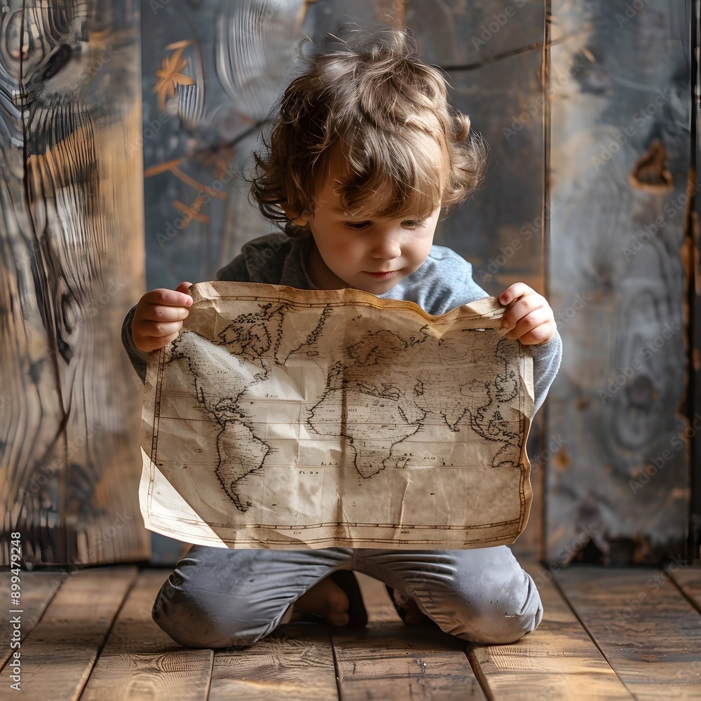Curious kid exploring an old treasure map with excitement and wonder in ...