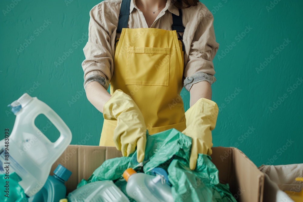 Woman in yellow apron and gloves sorting recyclables into a cardboard ...