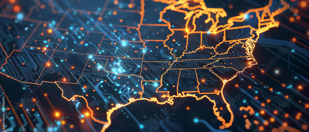 Illuminated Digital Map of the Southeastern United States With Circuit ...