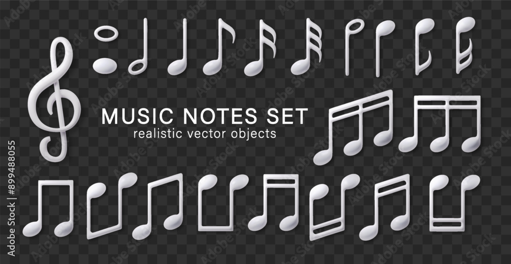 White musical symbol realistic collection isolated. Many various notes ...