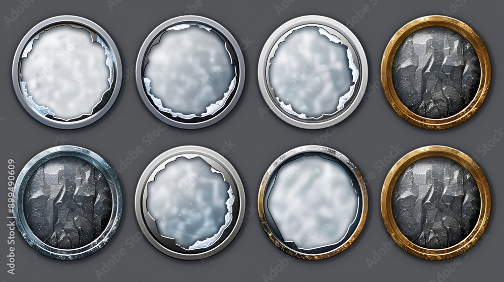 Set of round ui game frames textured circles made of silver gold metal ...