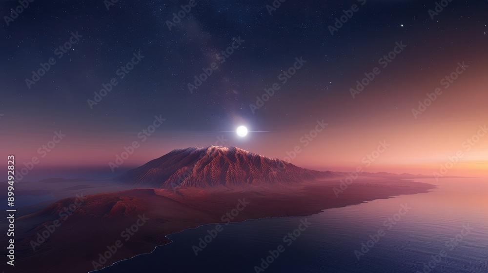 Celestial Island: A majestic mountain peak rises above a serene ocean ...