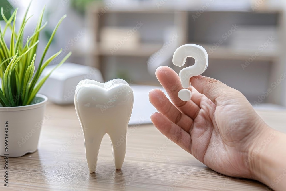 Hand holding a question mark symbol next to a tooth model, representing ...