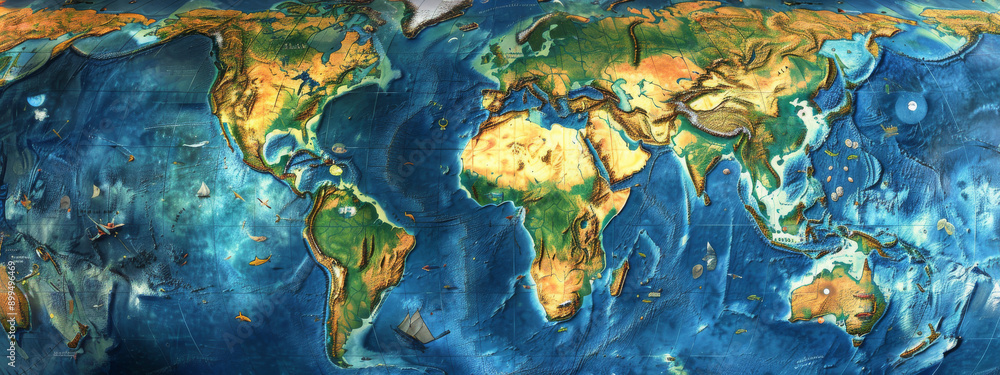 Detailed Topographical Map of the World Showcasing Landforms and Oceans ...