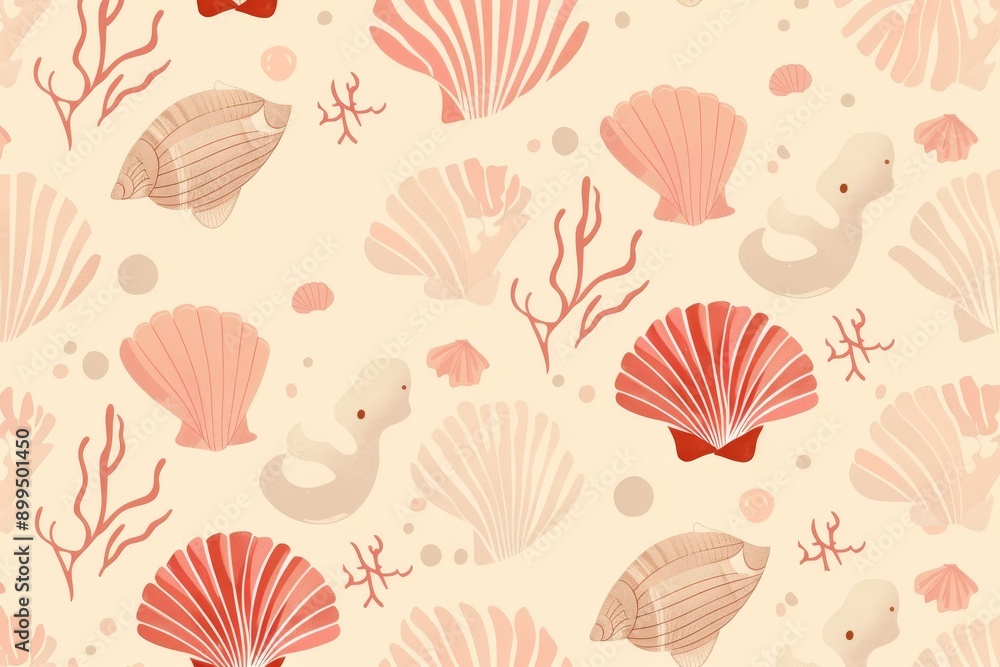 Top-down view of an assortment of stylized sea shells in a harmonious ...