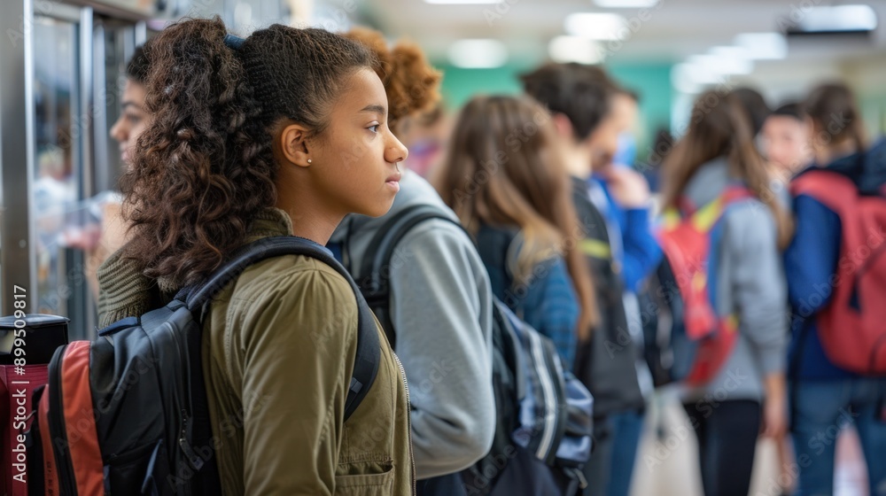 Groups of male and female high school students line up in an orderly ...