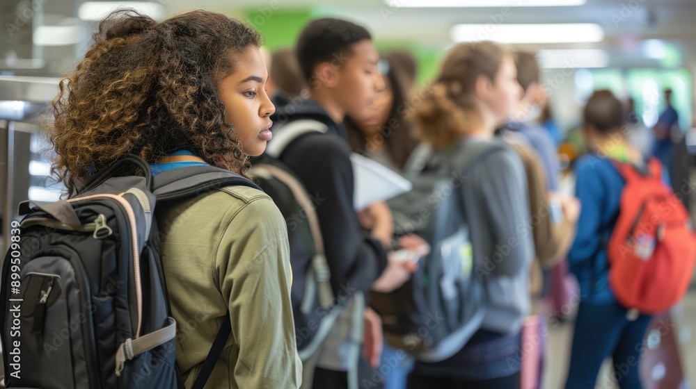 Groups of male and female high school students line up in an orderly ...