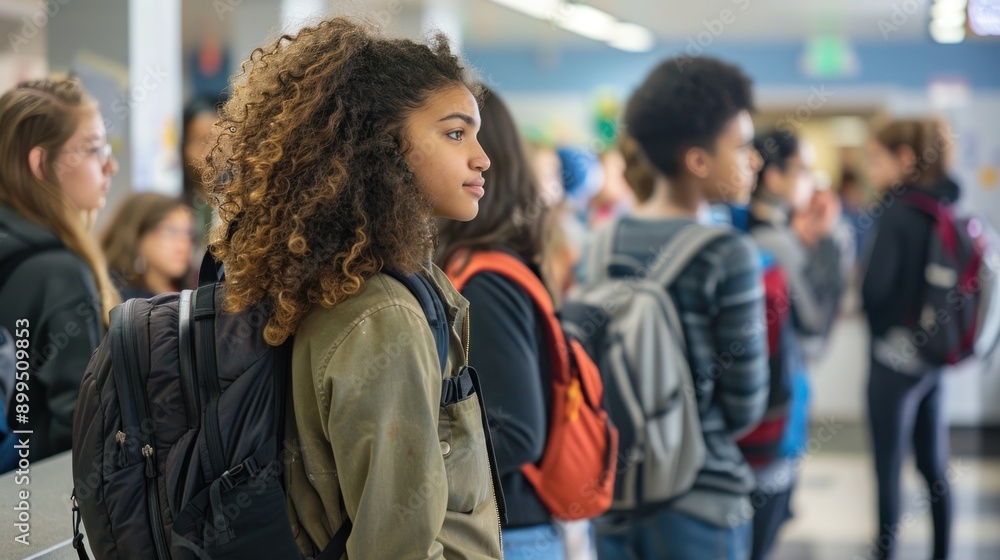 Groups of male and female high school students line up in an orderly ...