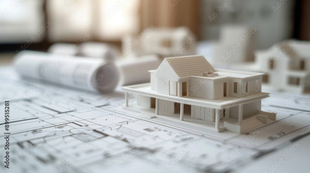 Detailed architectural model of a house placed on top of blueprints ...