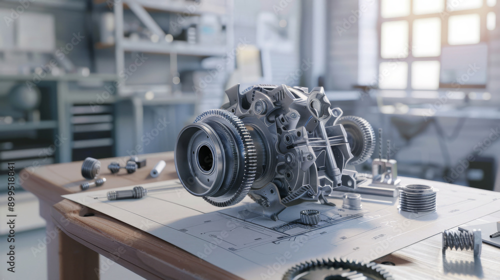 An intricate mechanical component assembled on a workbench within a ...