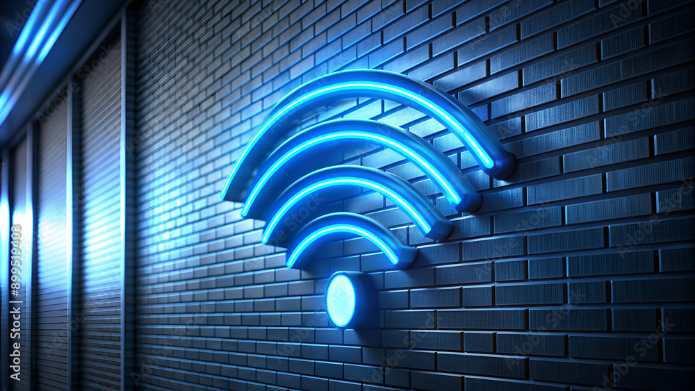 Glowing neon WiFi symbol on brick wall in modern office with city view ...