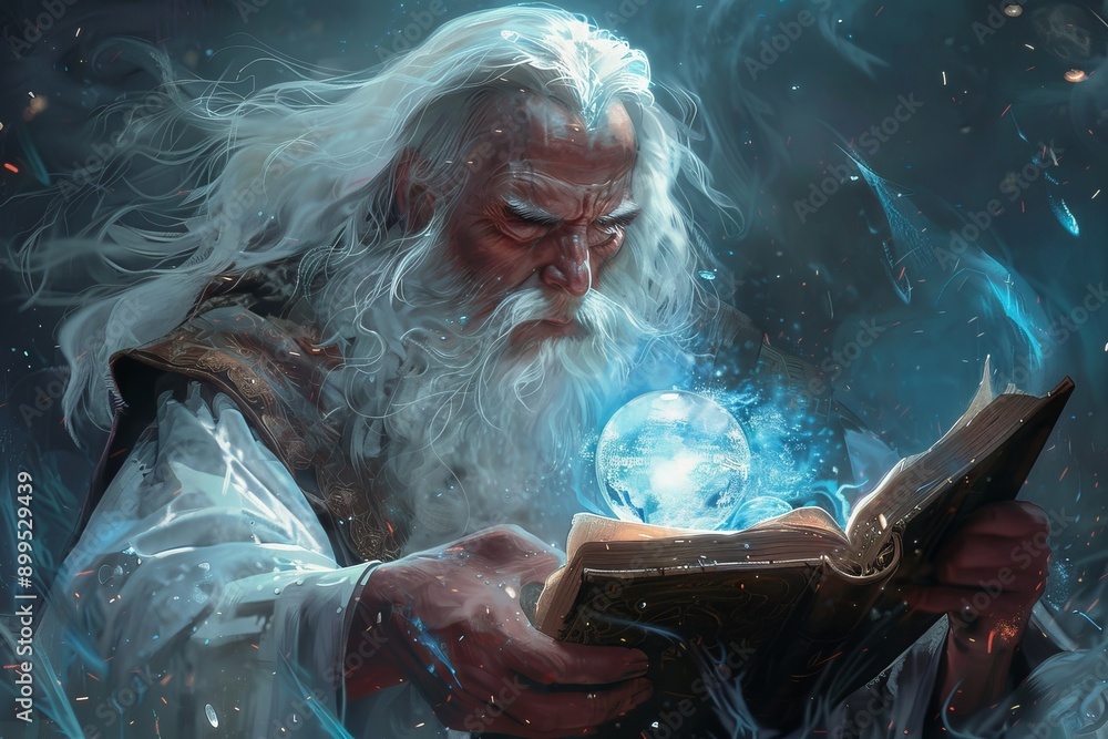a drawing illustration of a old ice magic wizard man with long grey ...