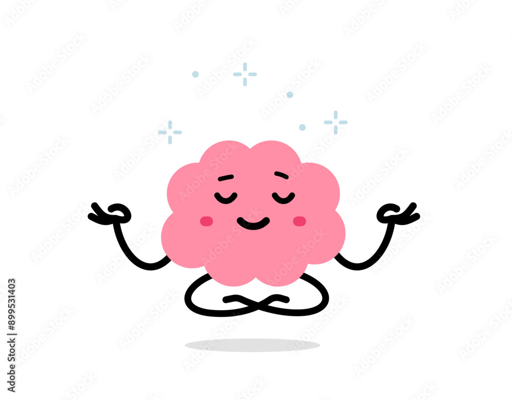 Vector cartoon meditation illustration of cute calm brain character in ...