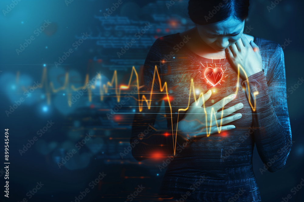 A person clutching their chest in pain, with a red heart and an ECG ...