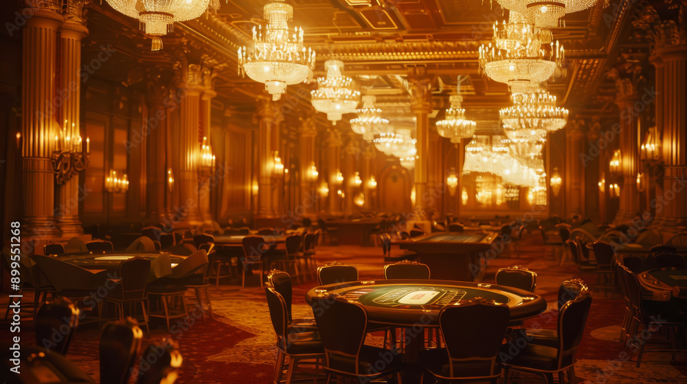 Opulent casino hall adorned with golden chandeliers, ornate columns ...