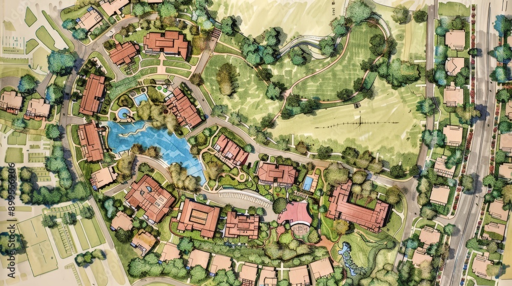 Show an architect drafting a detailed master plan for a residential ...