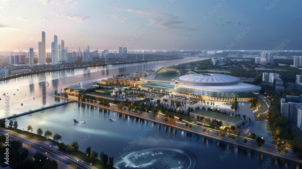 Sketch a futuristic sports complex, emphasizing advanced facilities ...