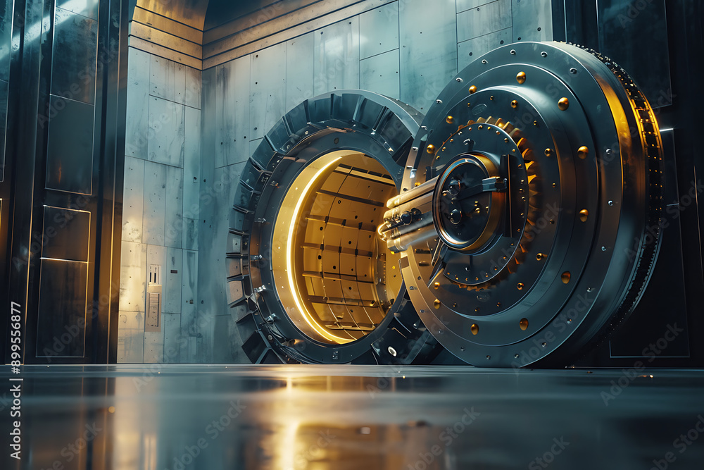 Massive bank vault doors wide open, symbolizing security, wealth, and ...