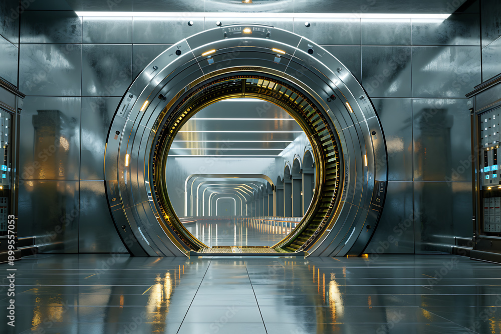 Massive bank vault doors wide open, symbolizing security, wealth, and ...