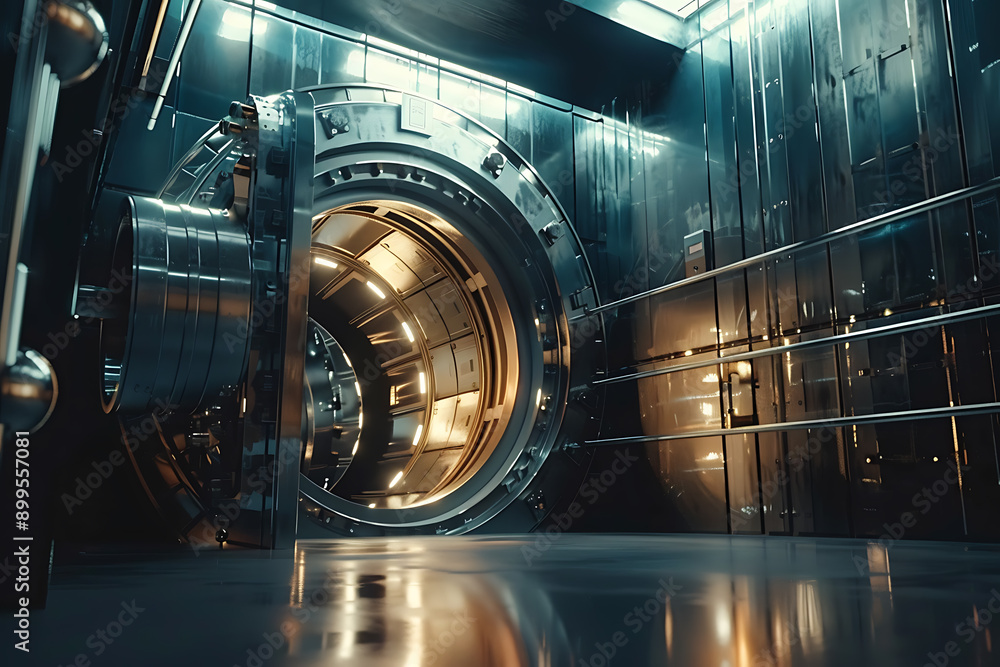 Massive bank vault doors wide open, symbolizing security, wealth, and ...