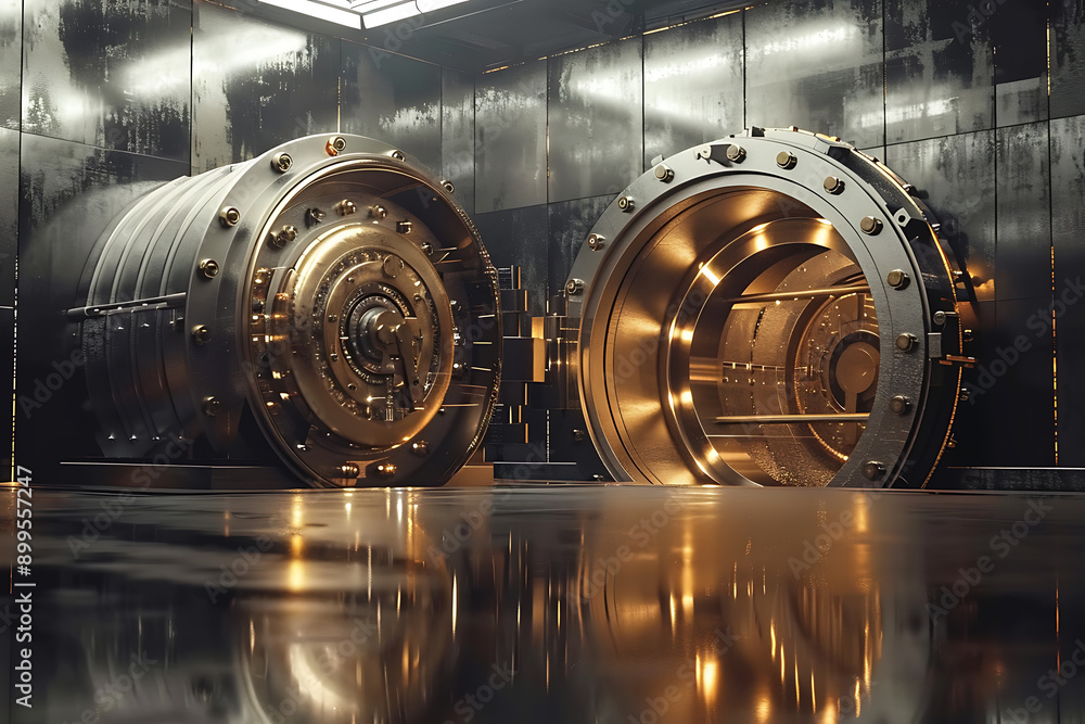 Massive bank vault doors wide open, symbolizing security, wealth, and ...
