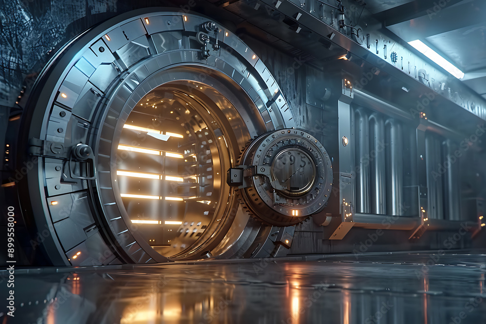 Massive bank vault doors wide open, symbolizing security, wealth, and ...