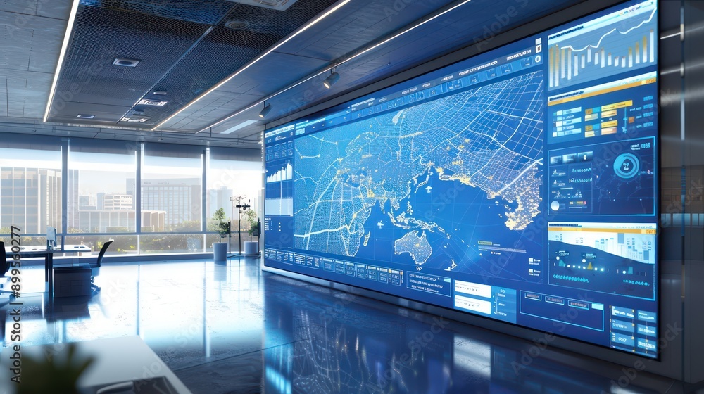 strategic planning room with a large digital touch screen displaying ...