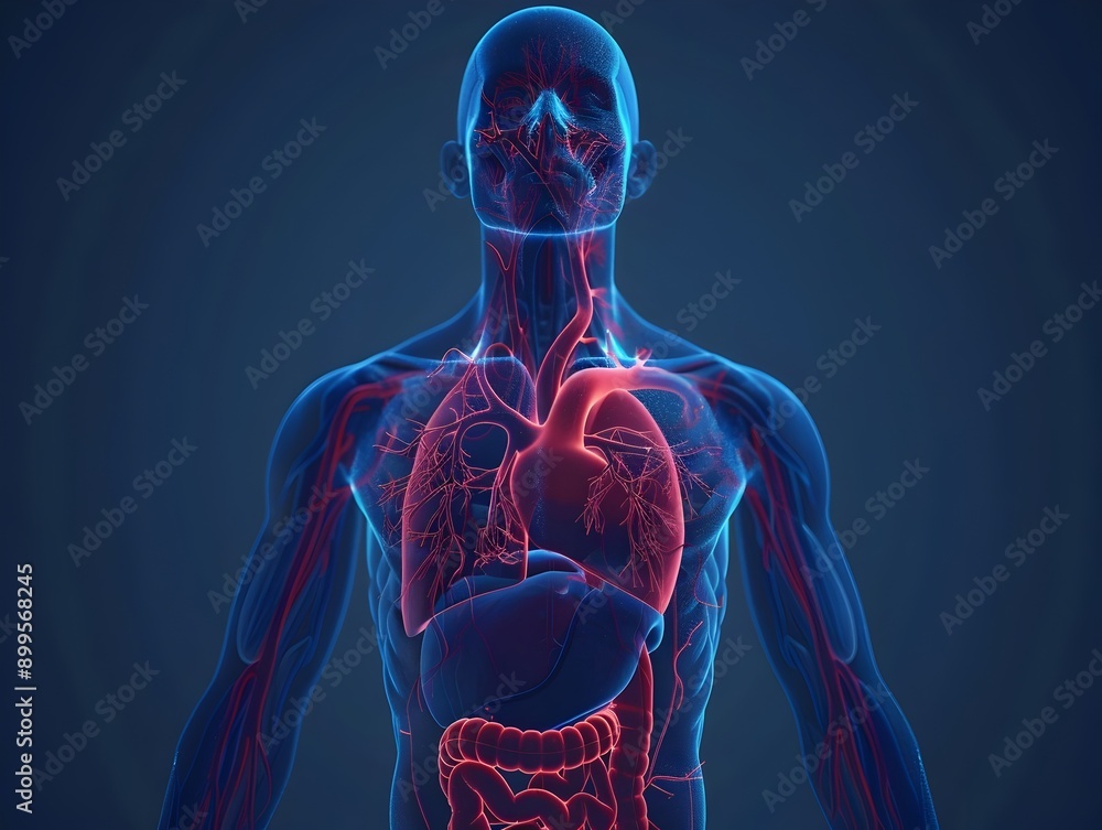 Detailed Blue Human Anatomy with Visible Red Veins and Heart in X Ray ...