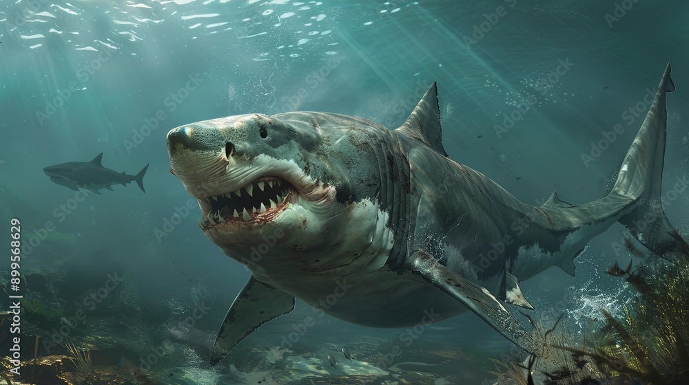 Megalodon shark hunting underwater, megalodon, shark, hunt, predator ...