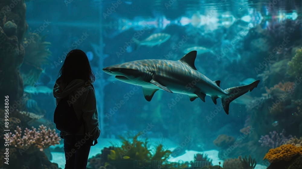 Curious visitor observing a massive shark swimming in its dedicated ...