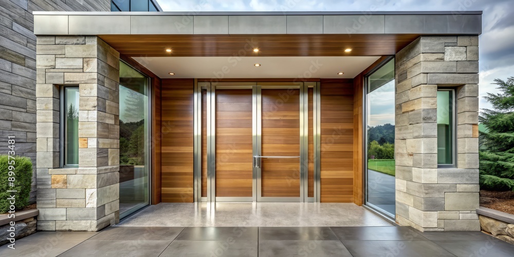 Large wooden front door with stainless steel handles and sleek glass ...