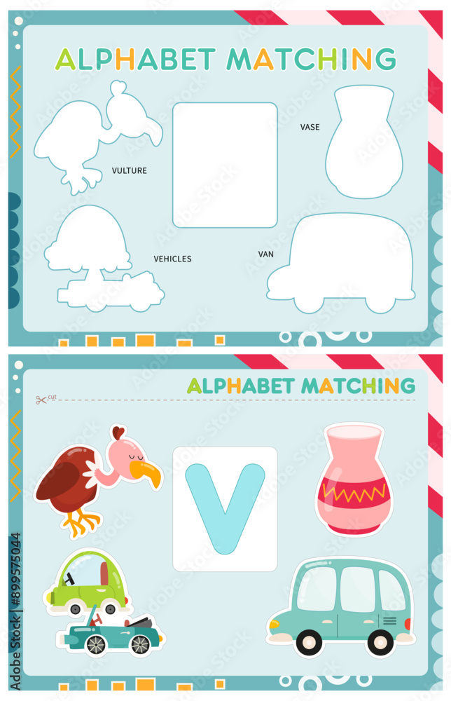 My first busy book – learning alphabet. Cut letter V and pictures ...
